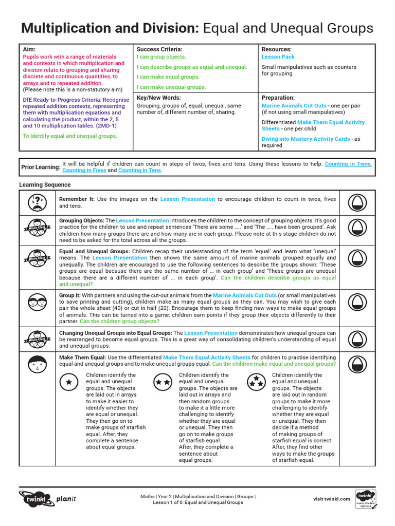 Lesson Plan - Equal and Unequal Groups | PDF | Learning | Cognition