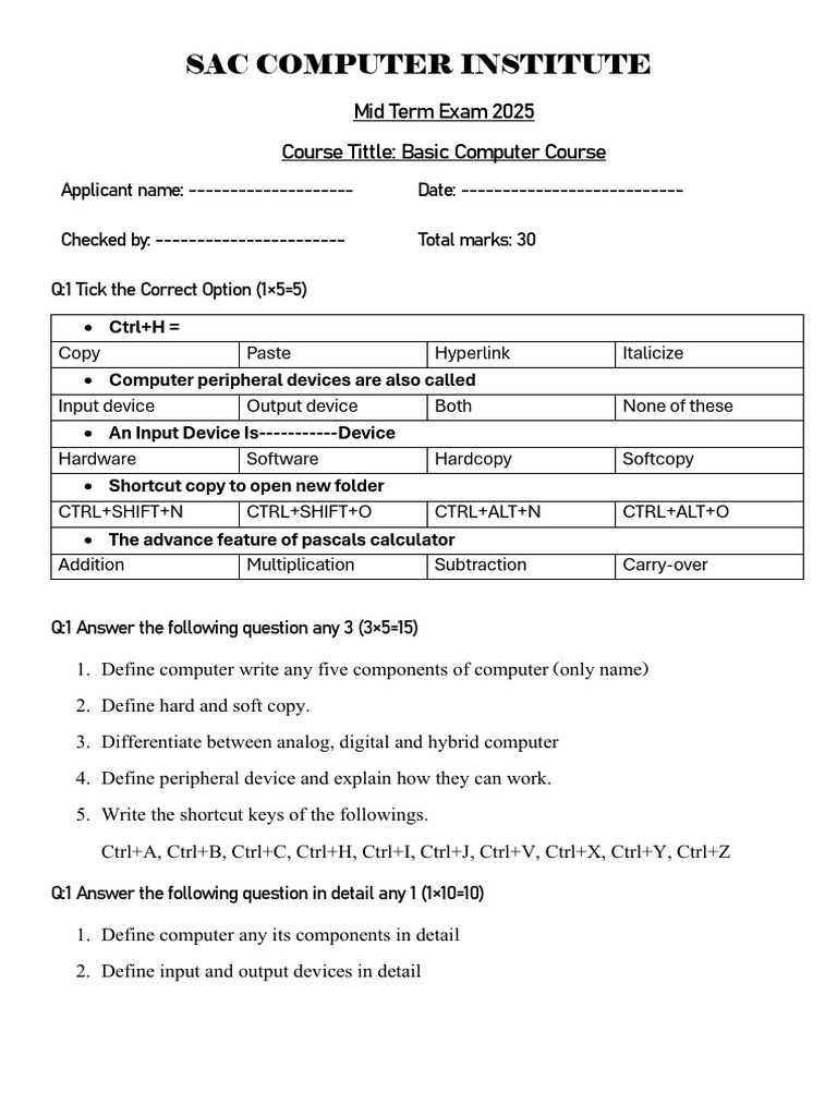 Basic Computer Course Mid Term Exam 2025 | PDF