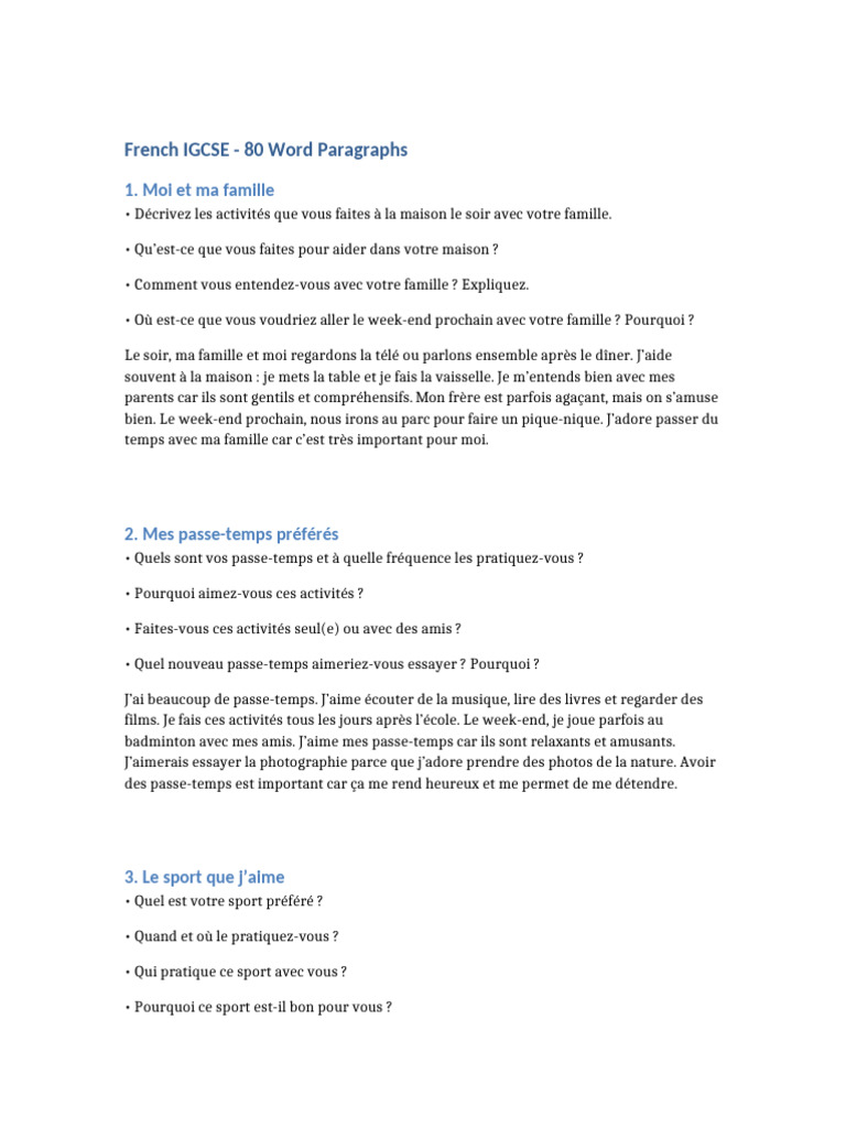 Paragraphes IGCSE en français : famille et loisirs | PDF | Nourritures ...