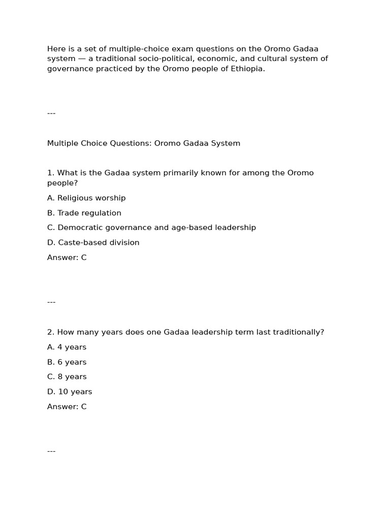 Oromo Gadaa System Exam Questions | PDF