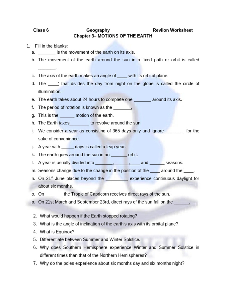 Class 6, Geography Revision Worksheet, Chapter 3 | PDF