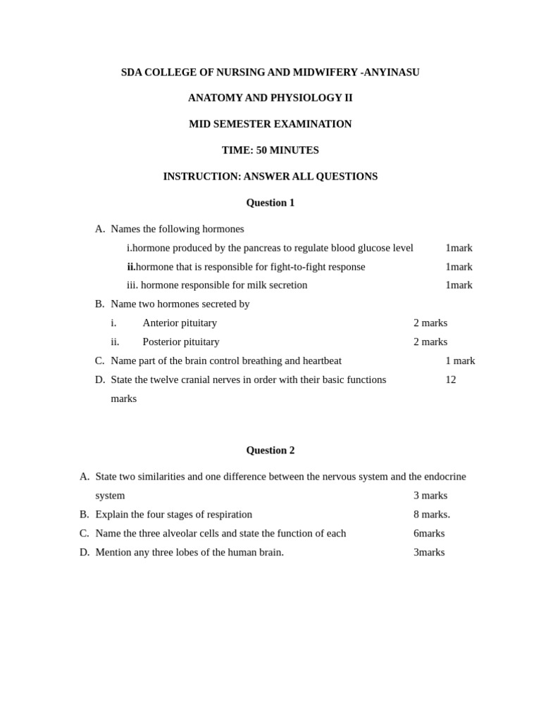 Sda College of Nursing and Midwifery Mid Semester Exam | PDF