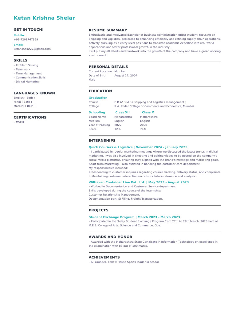 Ketan Krishna Shelar Resume | PDF | Logistics | Business