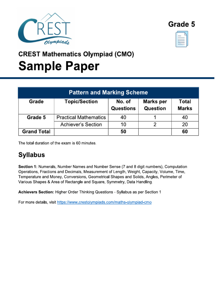 CMO Sample Paper For Class 5 | PDF