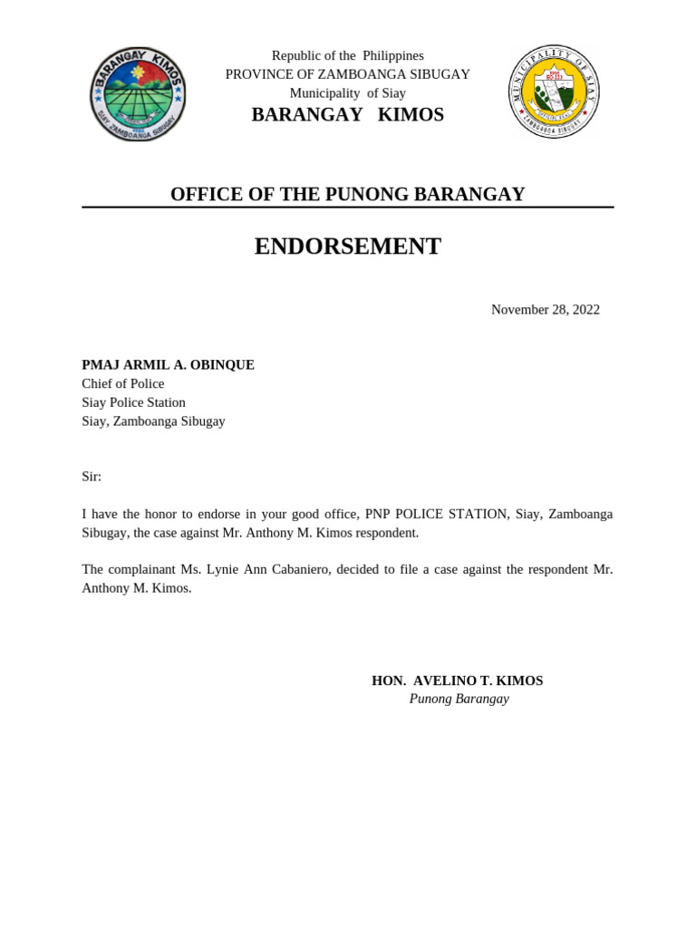 Endorsement of Case Against Anthony Kimos | PDF