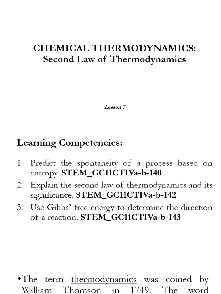 Lesson-7 CHEMICAL-THERMODYNAMICS STEM 11 | PDF | Entropy | Gibbs Free ...