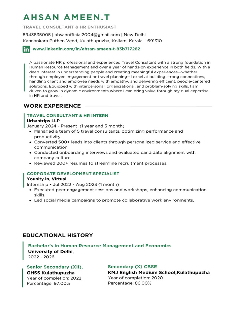 Ahsan Ameen T Resume 2025 | PDF | Skill | Recruitment