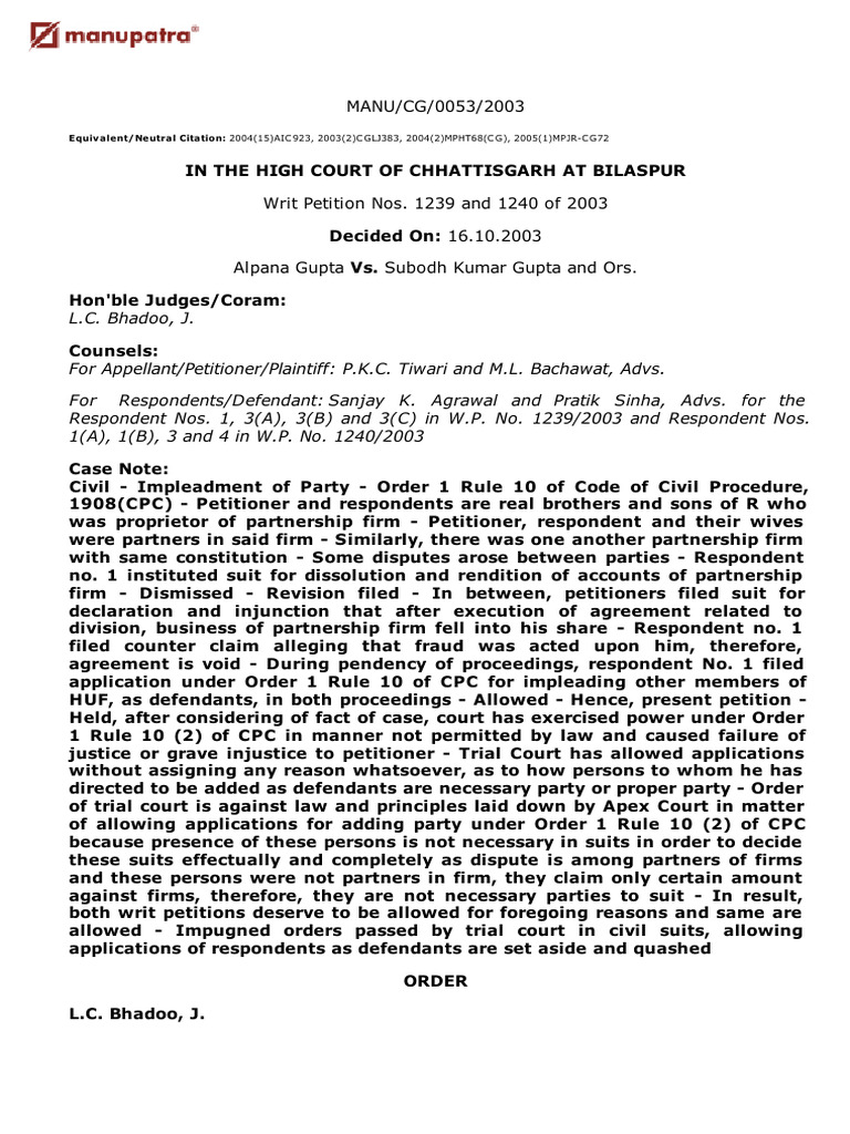 Alpana Gupta Vs Subodh Kumar Gupta and Ors 16102z030054COM621254 | PDF | Lawsuit | Jurisdiction