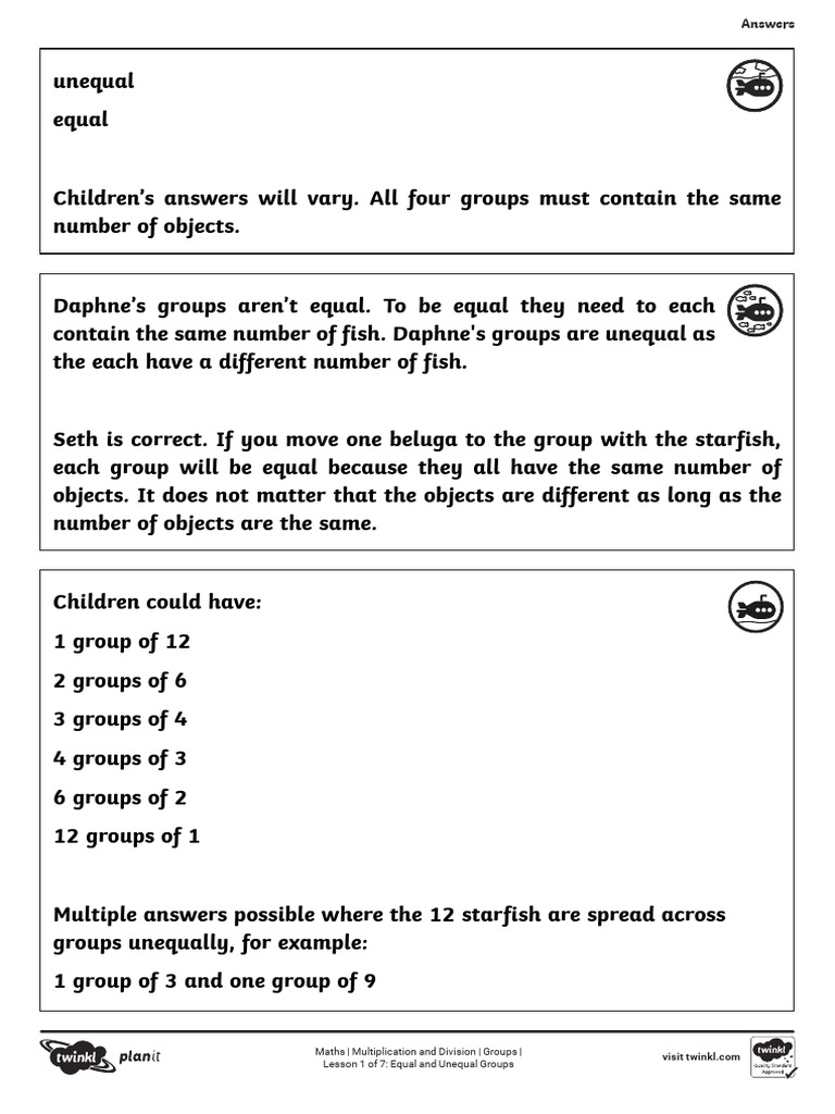 Answers - Equal and Unequal Groups | PDF