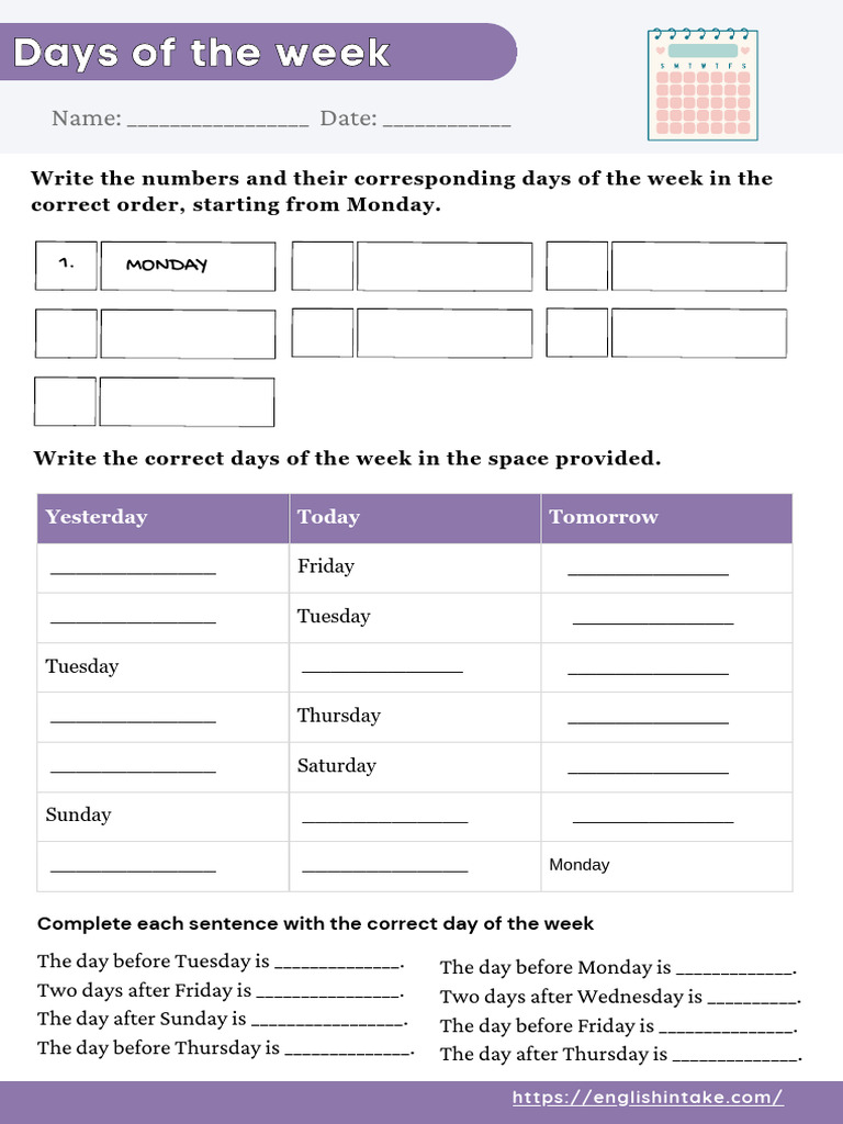 Days of The Week Worksheet | PDF
