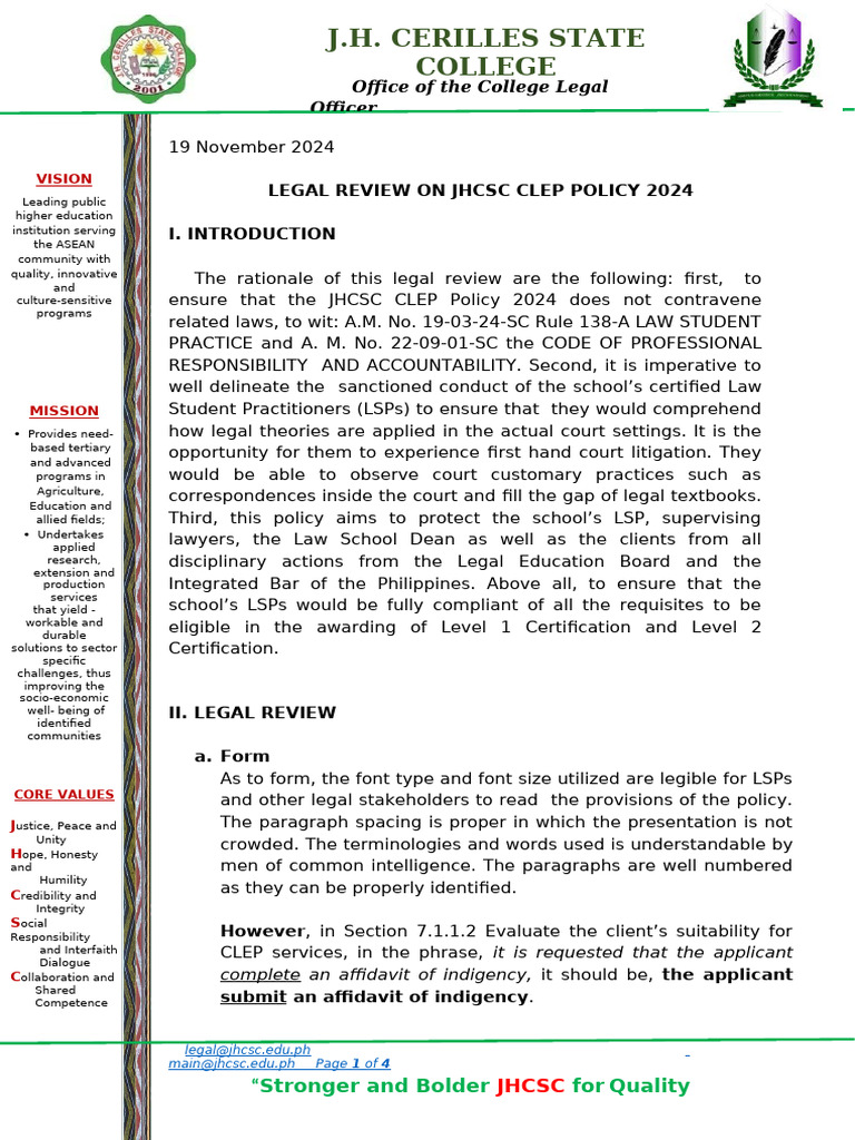 JHCSC CLEP Policy Legal Review 2024 | PDF | Integrity | Interfaith Dialogue