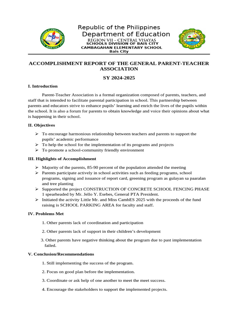 GPTA Accomplishment Report SY 2024-2025 | PDF