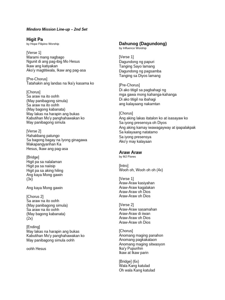 Set 1&2 - Complete P&W Line Up Lyrics (Mindoro Mission) | PDF