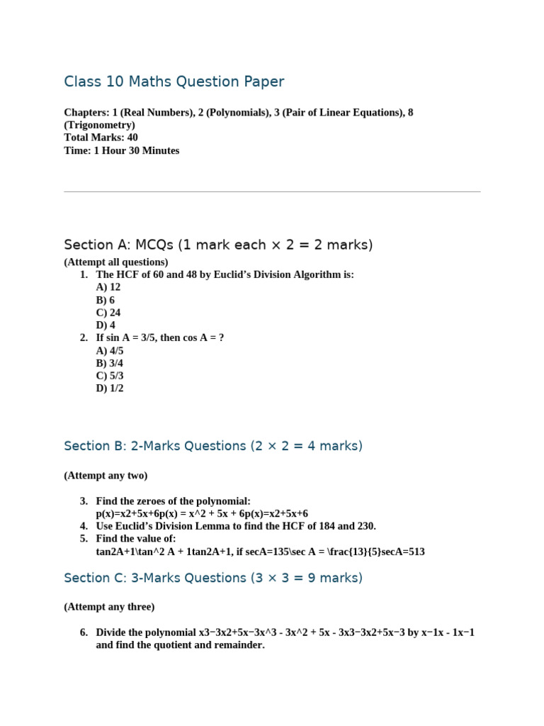 Class 10 Maths Question Paper: Section A: Mcqs (1 Mark Each × 2 2 Marks) | PDF