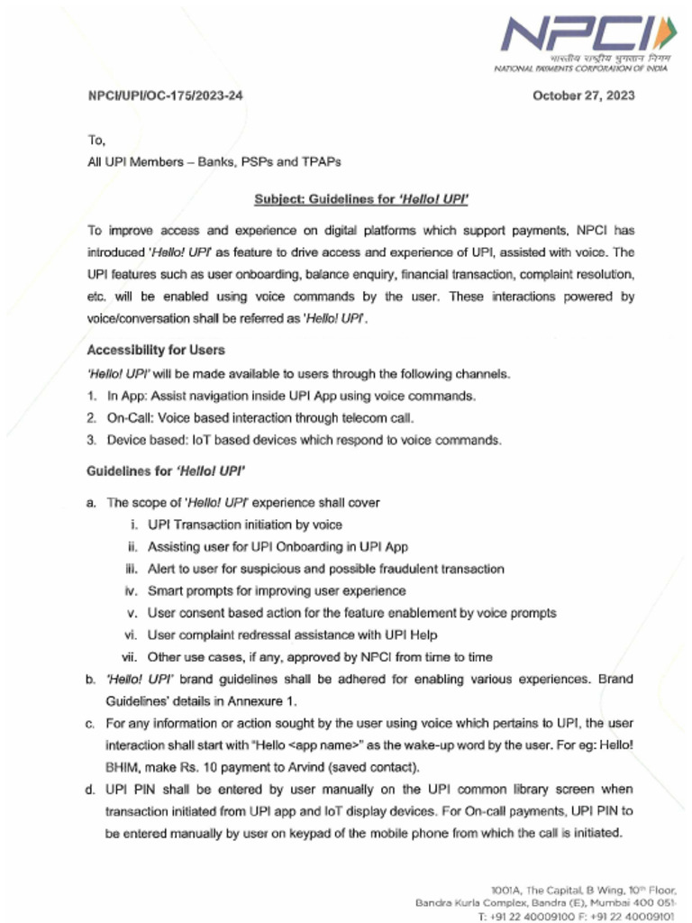NPCI UPI OC 175 Guidelines For Hello UPI | PDF