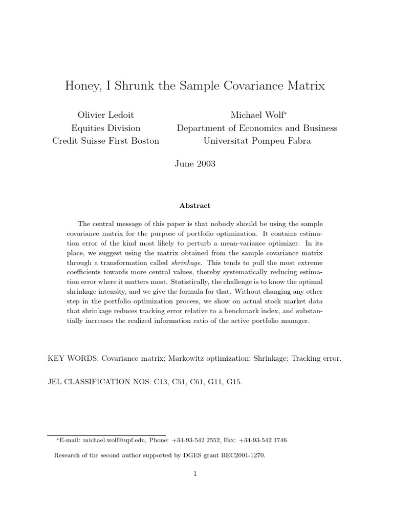 Honey I Shrunk TheCovariance Matrix Ledoit-Wolf Shrunk Covariance MatrixWolf | PDF | Modern ...