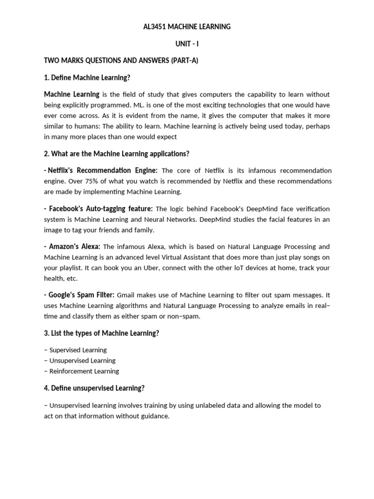 Machine Learning - AL3451 - Important Questions With Answer | PDF | Machine Learning | Matrix ...