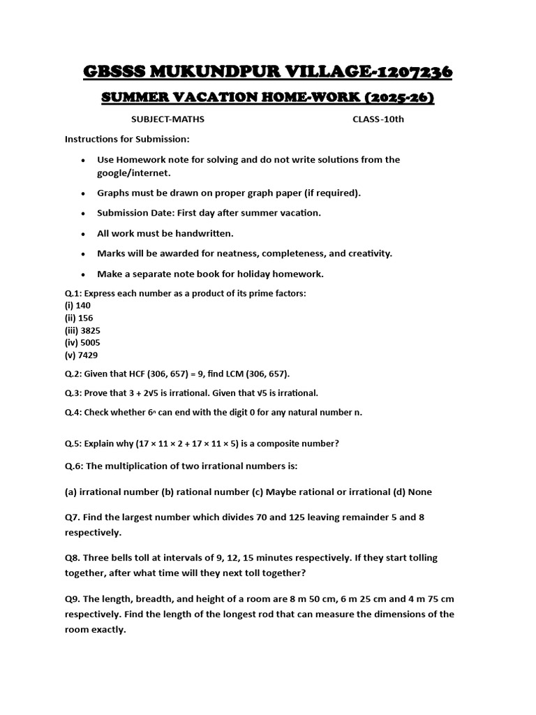 10th Summer Vacation Home-Work (2025-26) | PDF