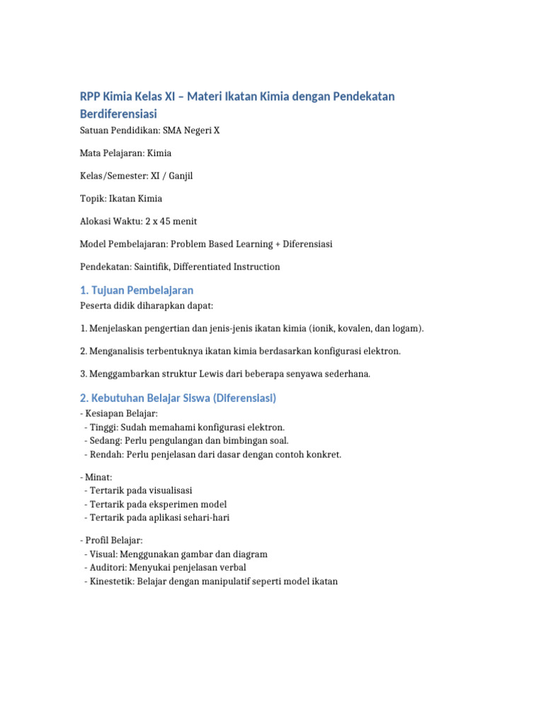 RPP Kimia Kelas XI Ikatan Kimia Diferensiasi Dengan Rubrik LKPD | PDF