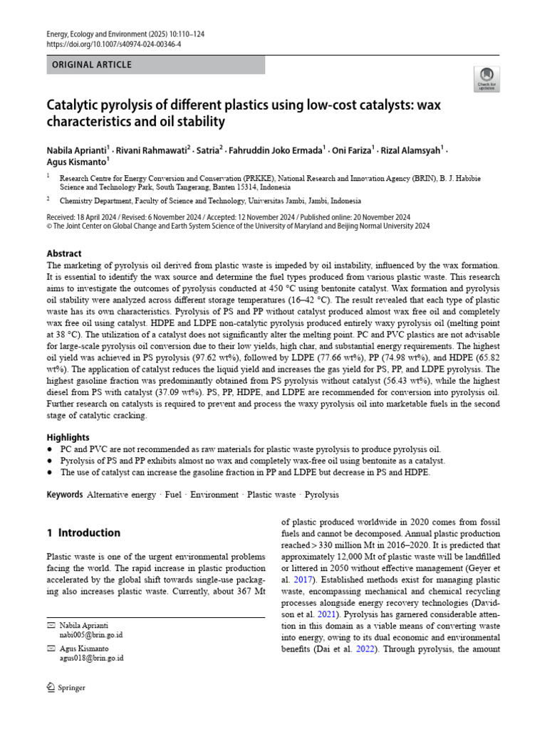 Catalytic Pyrolysis of Different Plastics Using Low Cost Catalysts Wax | PDF | Pyrolysis | Plastic