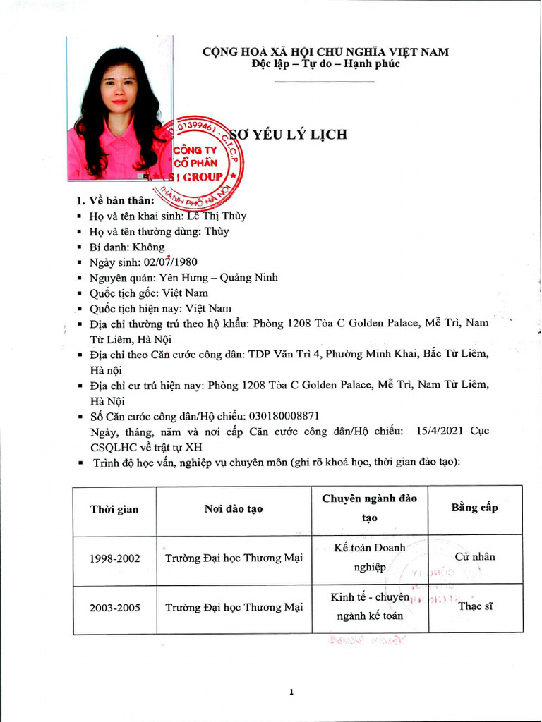 So Yeu Ly Lich Ba Le Thi Thuy | PDF