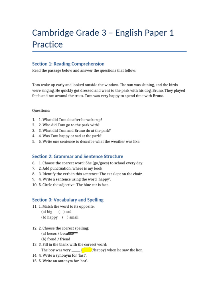 Grade 3 English Practice Paper | PDF