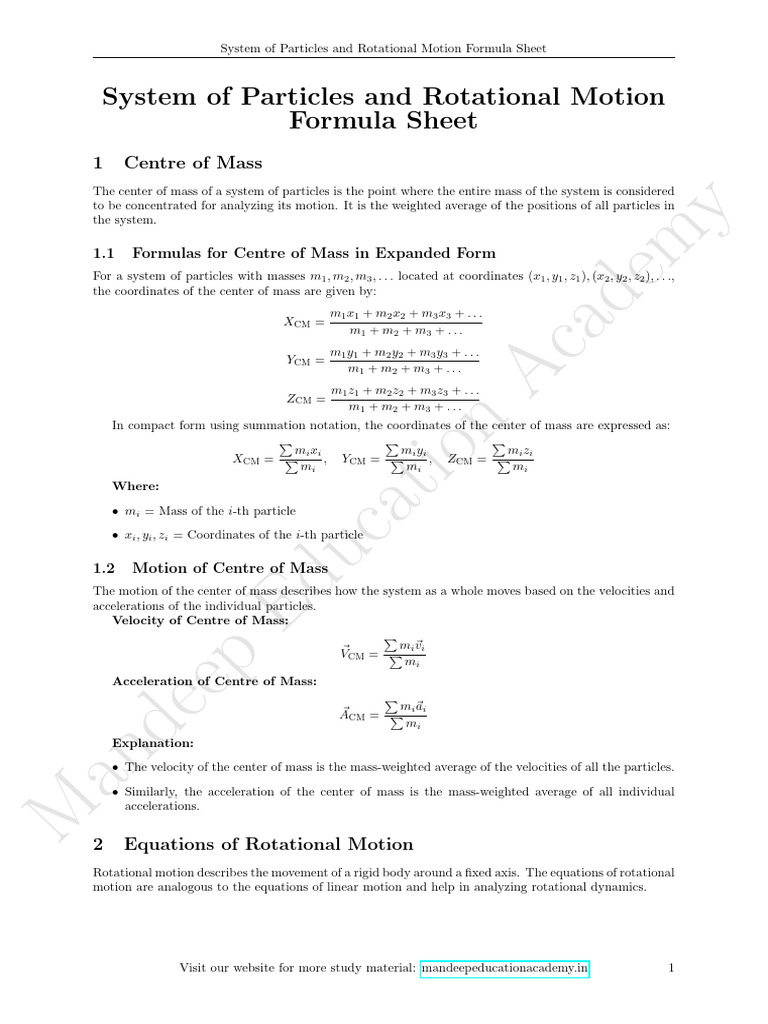 System of Particles Formula Sheet | PDF | Rotation Around A Fixed Axis | Torque