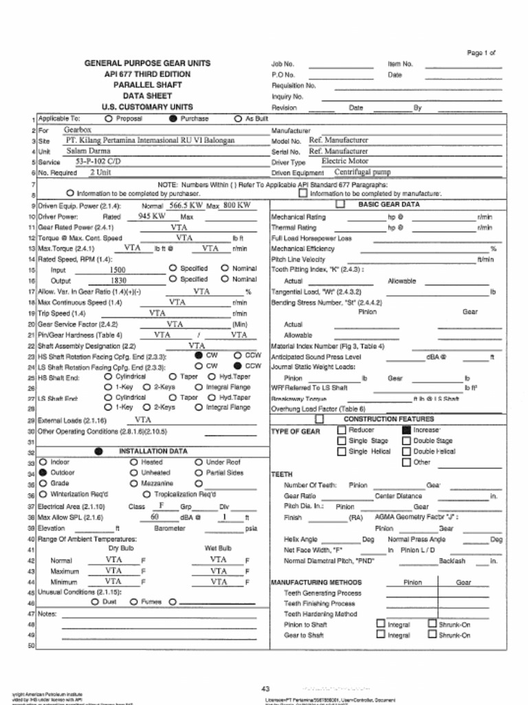 Data Sheet Gearbox - General Purpose Gear Units - API 677 Third Edition ...