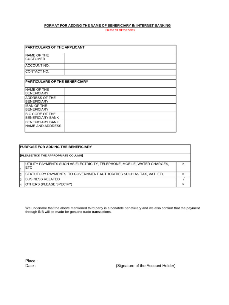 Adding Beneficiary in Internet Banking Form | PDF