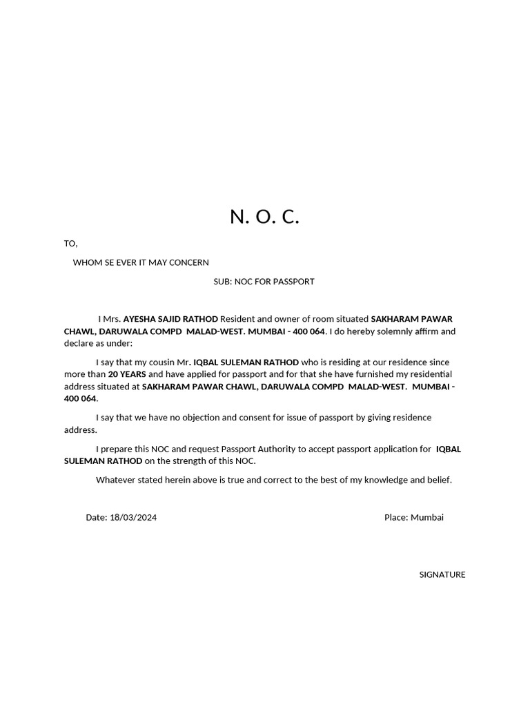 Noc For Passport Tenant | PDF