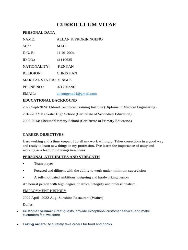 Allan Kipkorir Ngeno CV | PDF