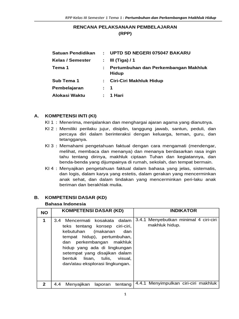 RPP K3 Tema 1 ST 1 Rev. 2018 | PDF