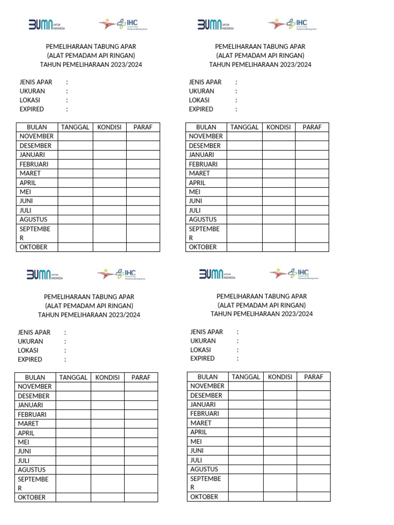 Checklist Pemeliharaan APAR 2023/2024 | PDF