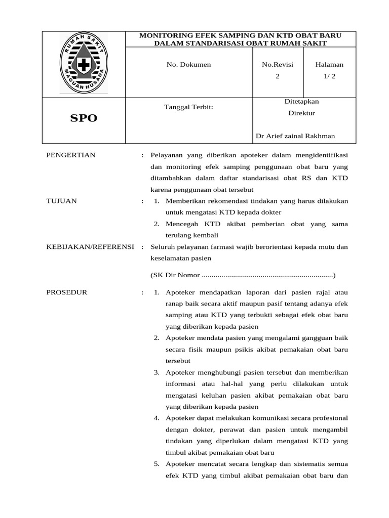 Spo Monitoring Efek Samping Dan KTD Obat Baru Dalam Standarisasi Obat Rumah Sakit | PDF