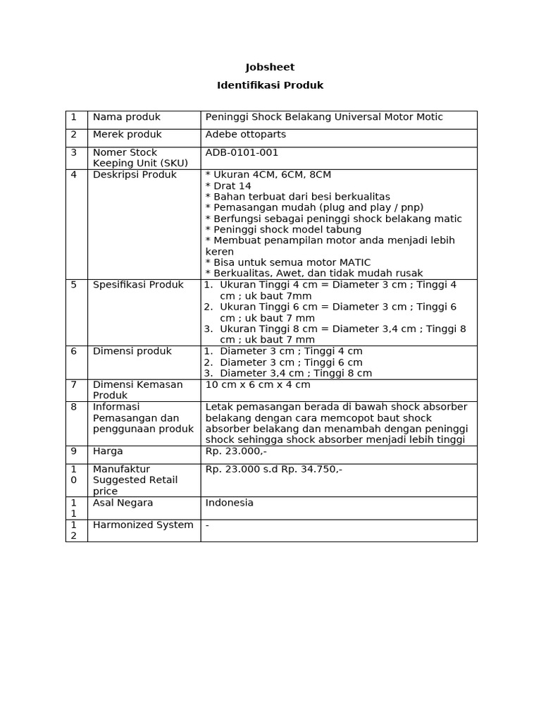 Contoh Jobsheet Identifikasi Produk | PDF