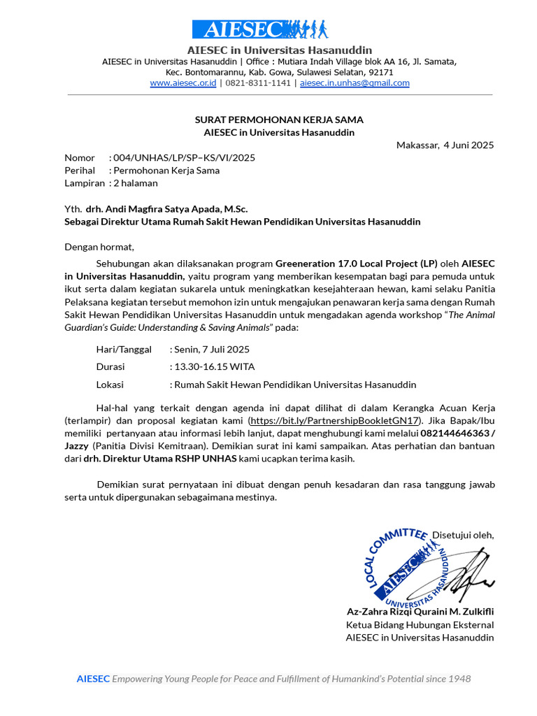 (RSHP UNHAS) Surat Permohonan Kerja Sama 2 | PDF