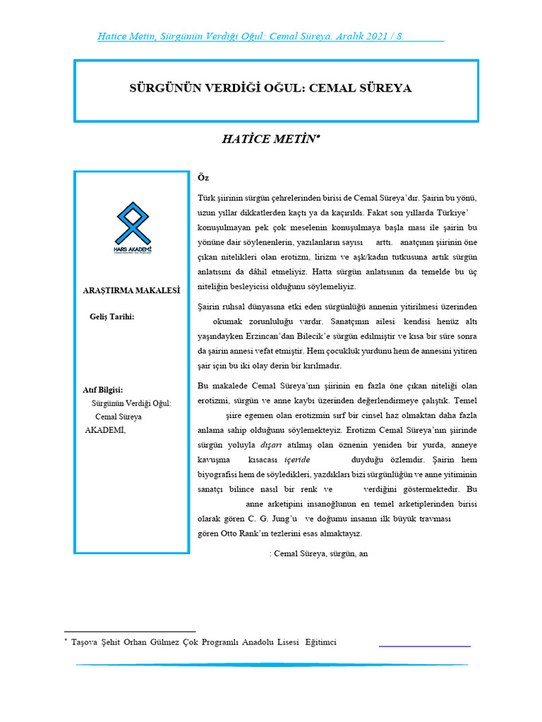 Sürgünün Verdiği Oğul: Cemal Süreya: Hatice Metin | PDF
