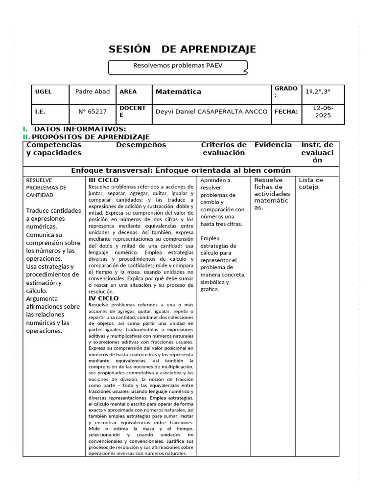 Sesion Matematica Problemas Paev 2 | PDF | Número natural | Aprendizaje