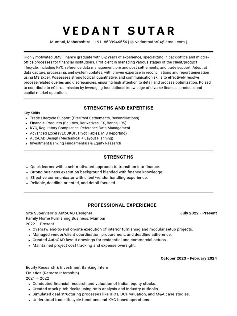 Vedant Sutar Resume Eclerx Financial Analyst | PDF | Mergers And Acquisitions | Investment Banking