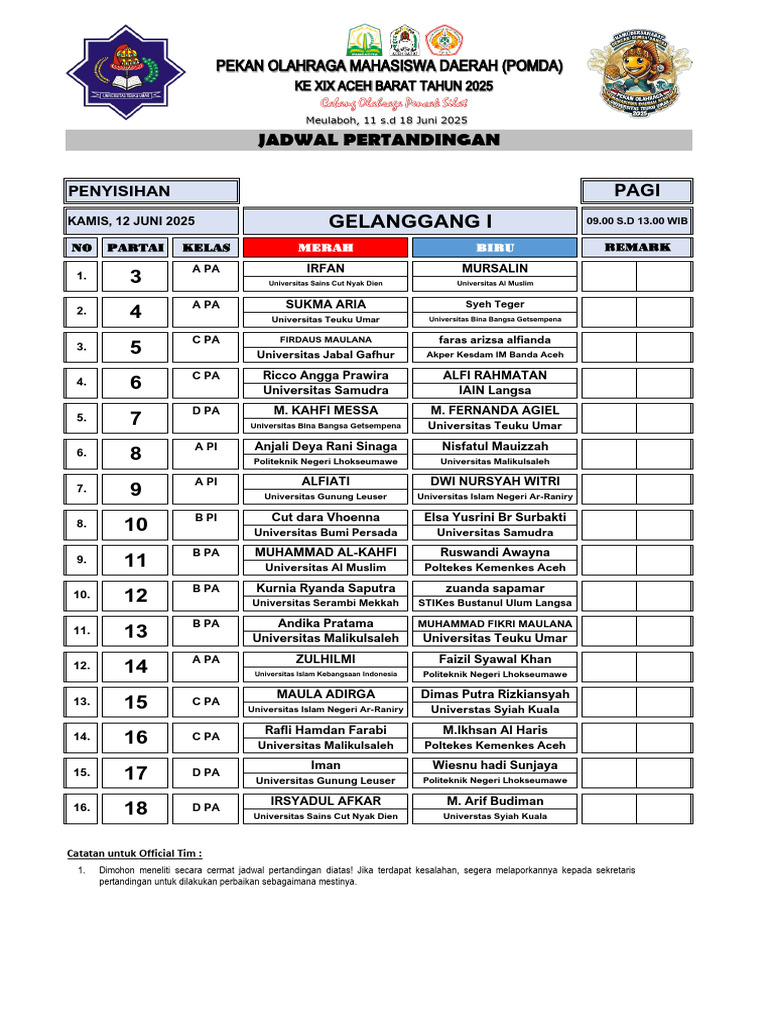 Jadwal Pertandingan Pencak Silat Pomda 2025 Kamis 12 Juni | PDF