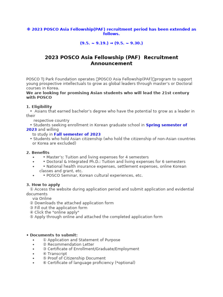 2023 POSCO Asia Fellowship | PDF
