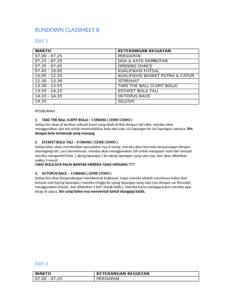 Rundown Classmeet B | PDF