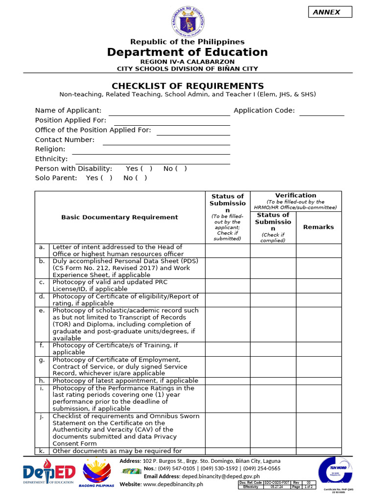 Non-Teaching, Related Teaching, School Admin, and Teacher I - Elem, JHS, & Shs (Checklist of ...