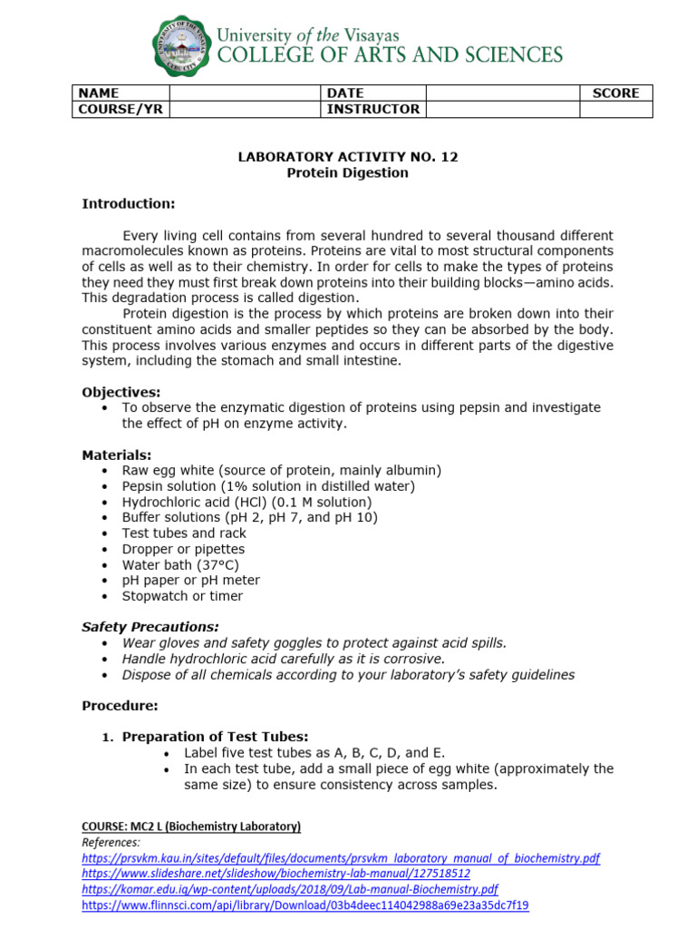 Laboratory Activity No. 12 Protein Digestion | PDF | Digestion | Proteins