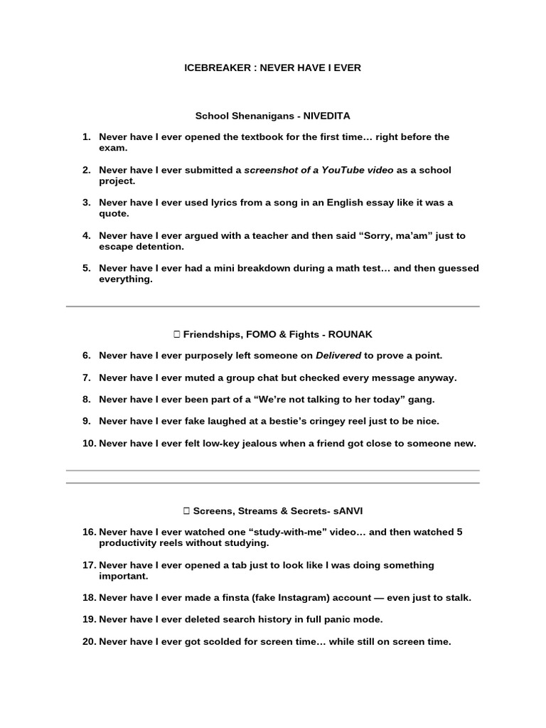 Icebreaker Game: Never Have I Ever | PDF