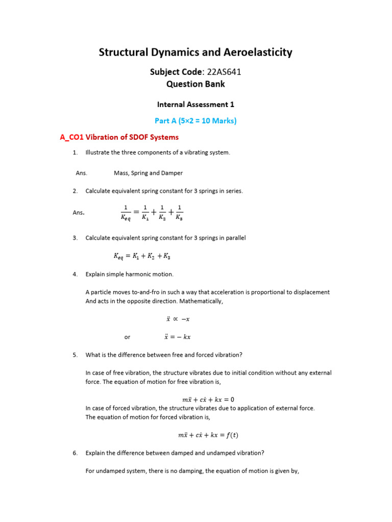 22AS641 Structural Dynamics and Aeroelasticity Question Bank With ...