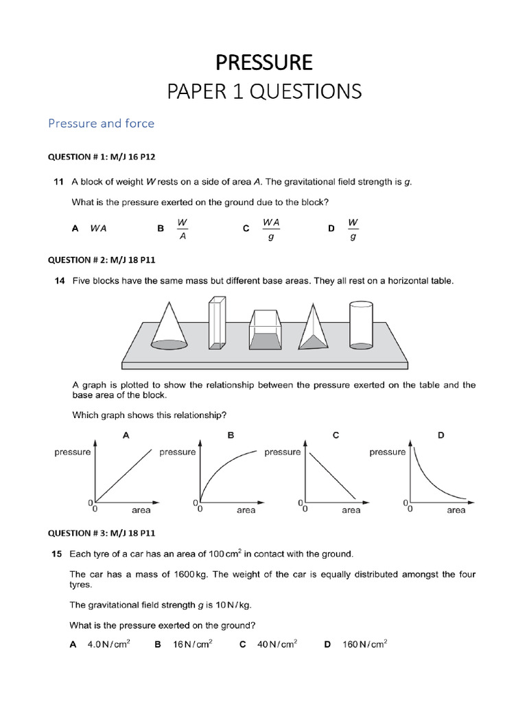 O Level Topical Past Papers - Pressure - Physics With Talha | PDF