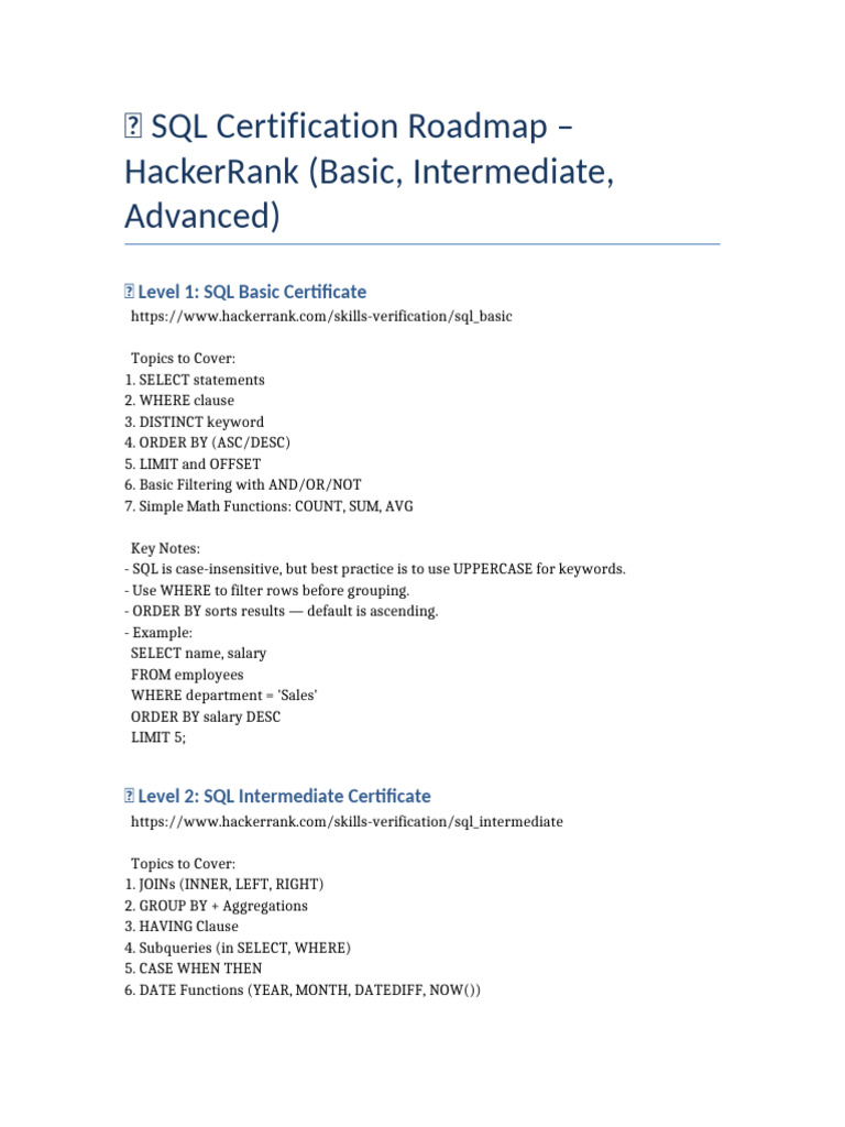 HackerRank SQL Certification Roadmap | PDF | Databases | Data Management