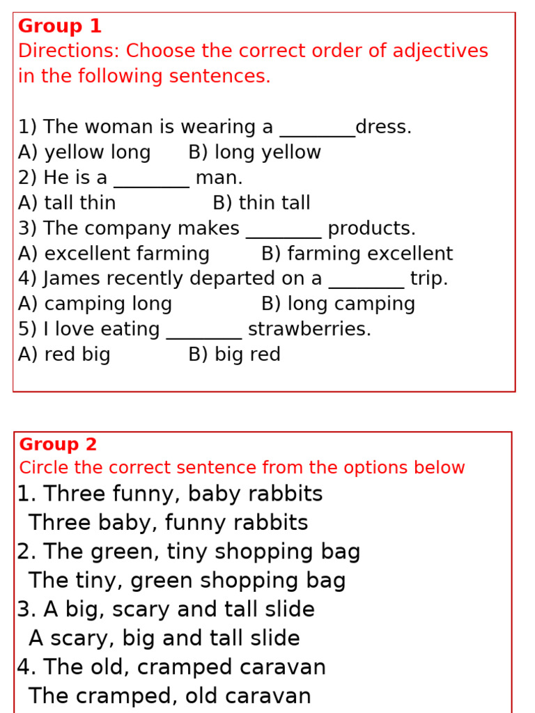 Order of Adjectives Practice Exercises | PDF