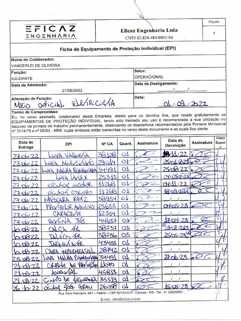 Ficha EPI Vanderlei | PDF